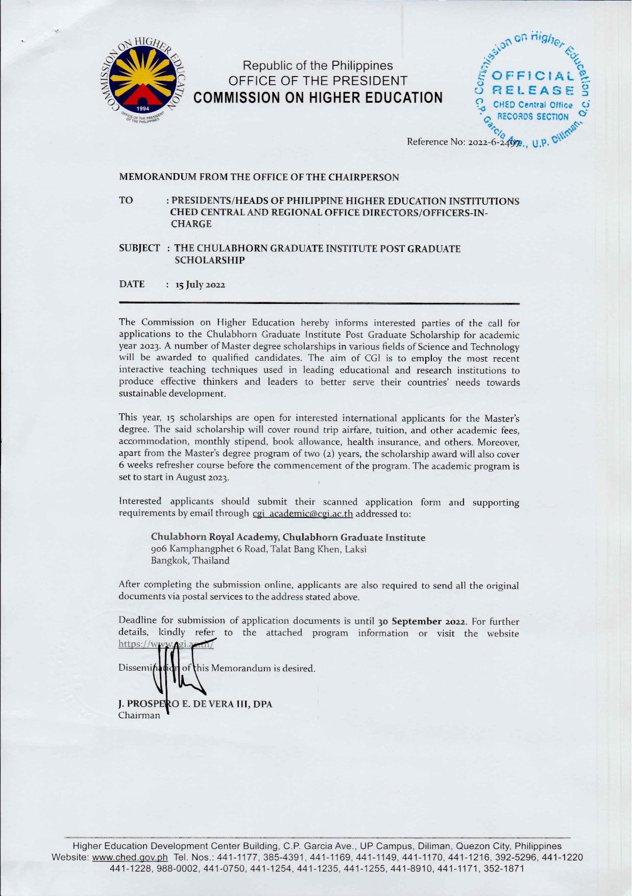 Calling for Applicants for the Chulabhorn Graduate Institute Post ...